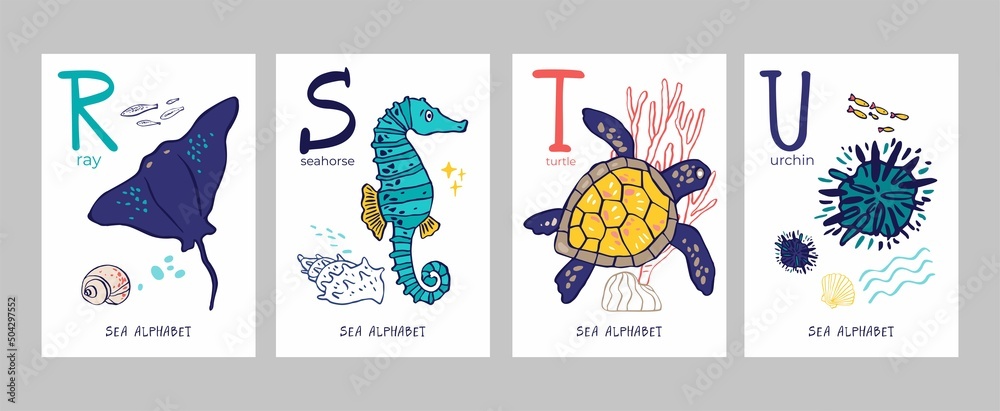 Set of postcards with letters of alphabet, marine symbols isolated on ...