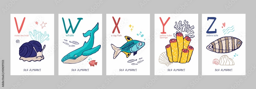 Set of postcards with letters of alphabet, marine symbols isolated on ...