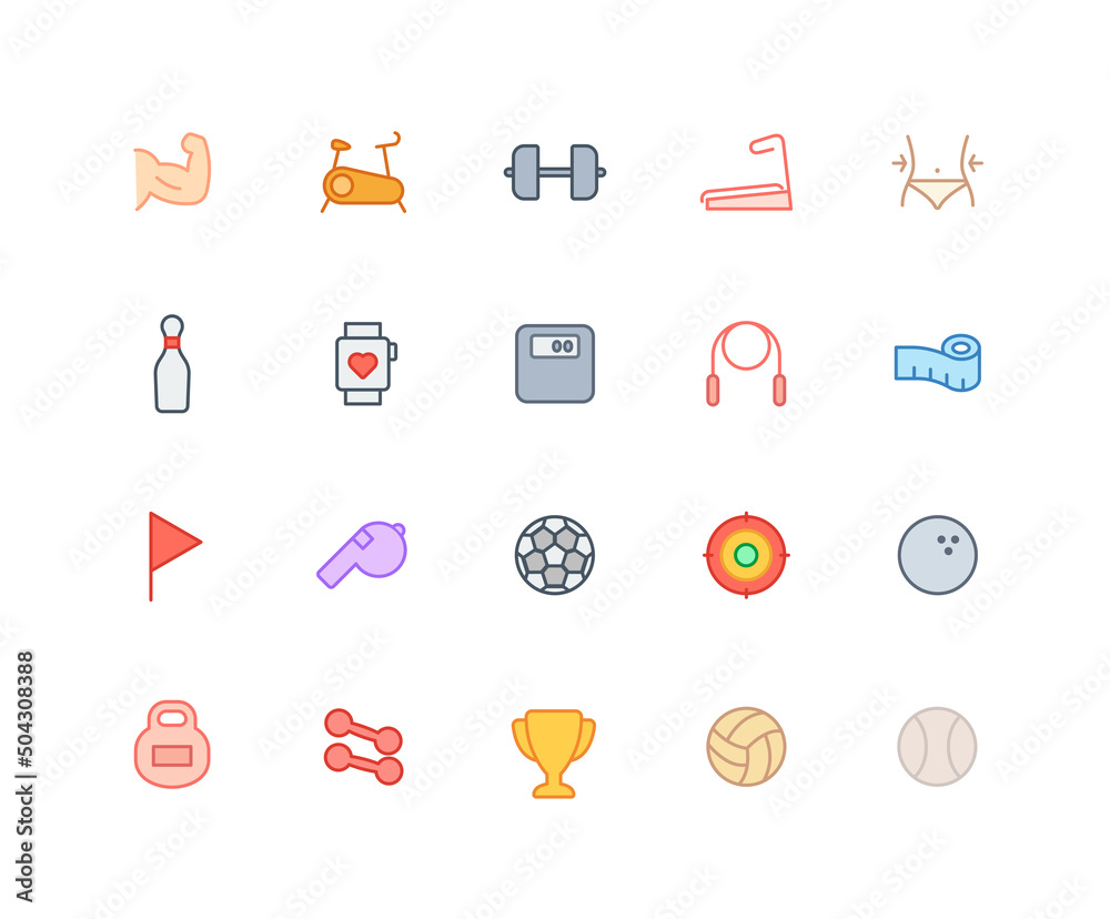 Collection of Health and workout color icons. Set of PT, Fit symbols ...