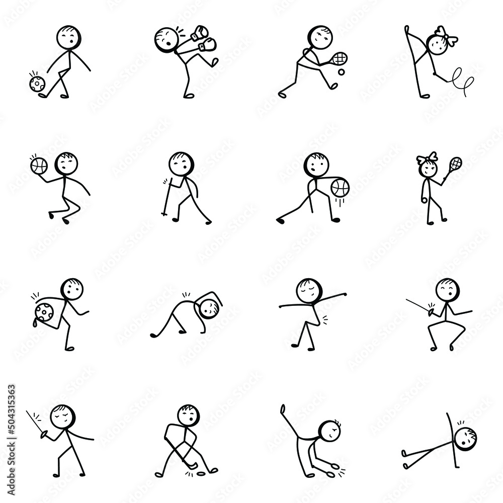 Sports and Games Doodle Stick Figure Icons Stock Vector | Adobe Stock