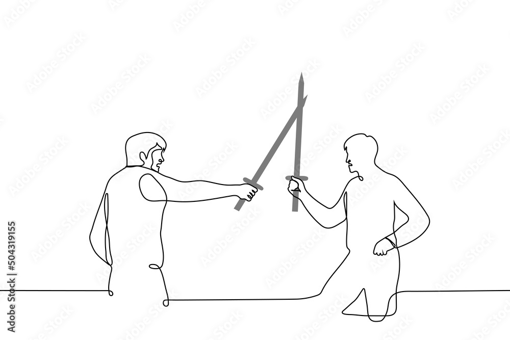 two men crossed swords with aggression - one line drawing vector. sword ...