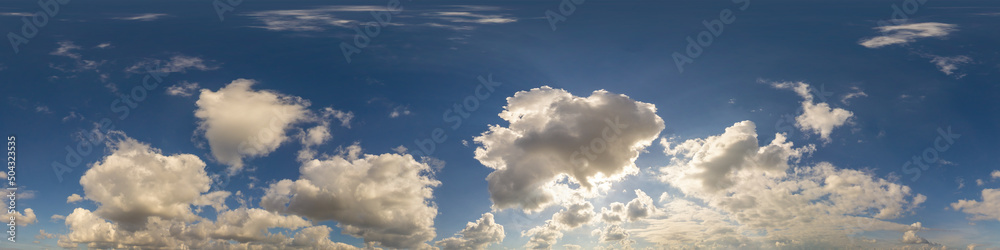 Blue sky panorama with puffy Cumulus clouds. Seamless hdr pano in ...