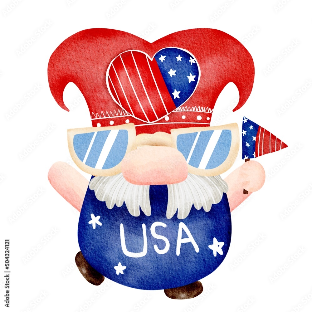 Digital painting watercolor gnomes element.the holiday Independence Day ...