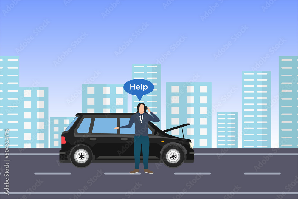 A man wearing a suit, asking for help on his mobile for a broken car. A ...