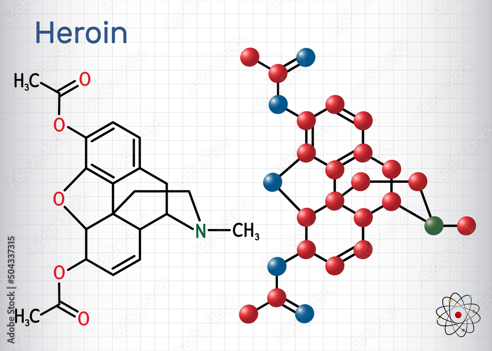 Heroin, diacetylmorphine, diamorphine molecule. It is opioid, narcotic ...