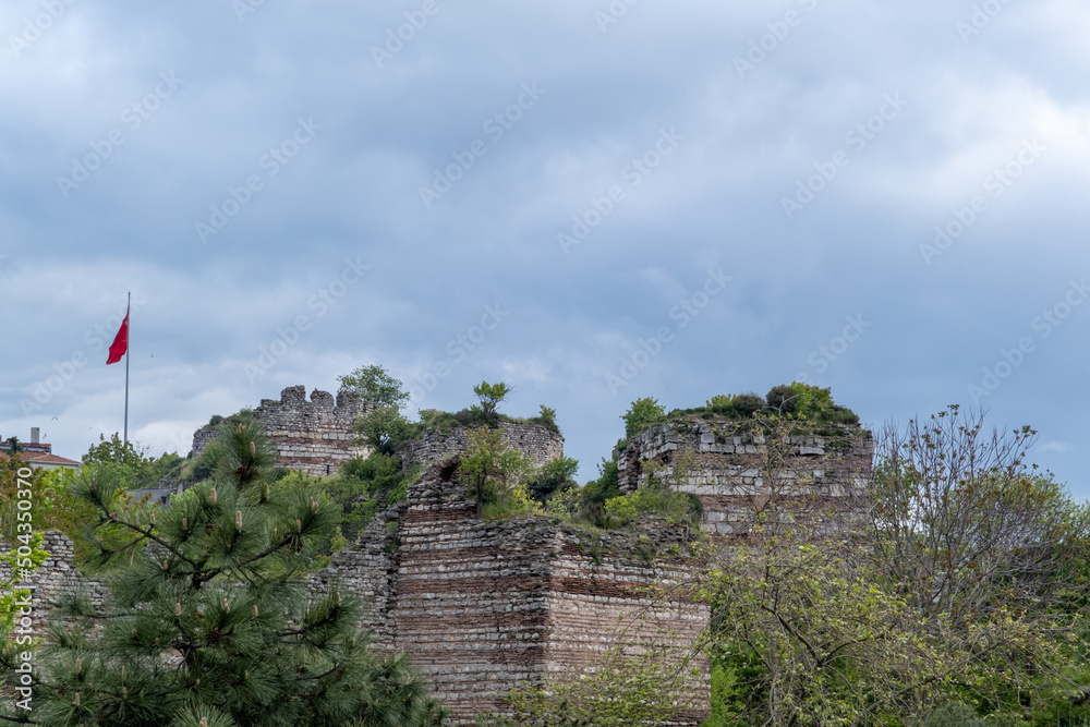 Ancient Byzantine forts in Istanbul, landscape with historical castle ...