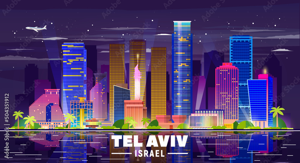 Tel Aviv Israel night skyline with panorama in sky background. Vector ...