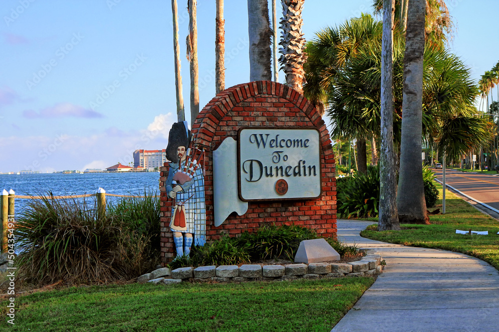 Welcome to Dunedin sign, Pinellas County, Florida, United States Stock ...