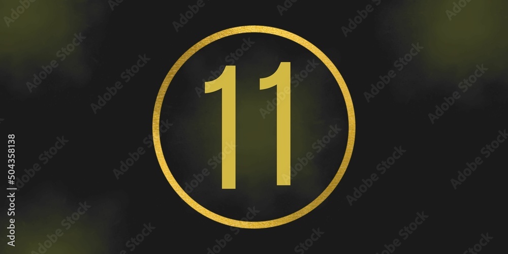 Number 11. Banner with the number eleven on a black background and gold ...