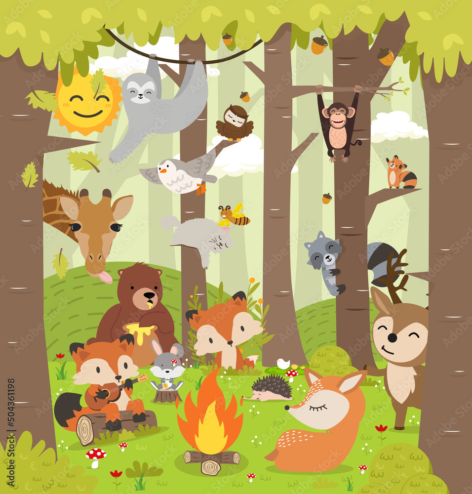 Cute woodland forest animals cartoon background Stock-Vektorgrafik ...