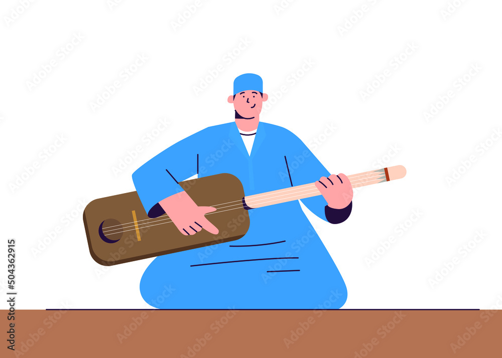 Moroccan Gnaoua singer sitting and holding a gembri. Gnawa with guembri ...