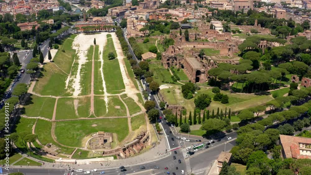 Aerial view of Circus Maximus, an ancient Roman chariot-racing stadium ...