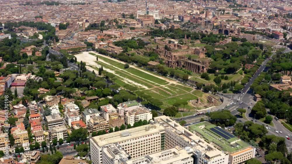 Aerial view of Circus Maximus, an ancient Roman chariot-racing stadium ...