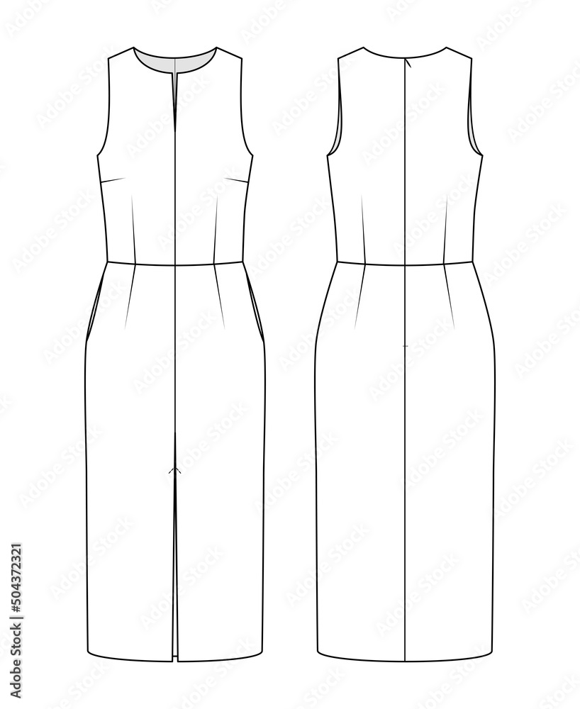 Fashion technical drawing of front slit sleeveless dress Stock Vector ...