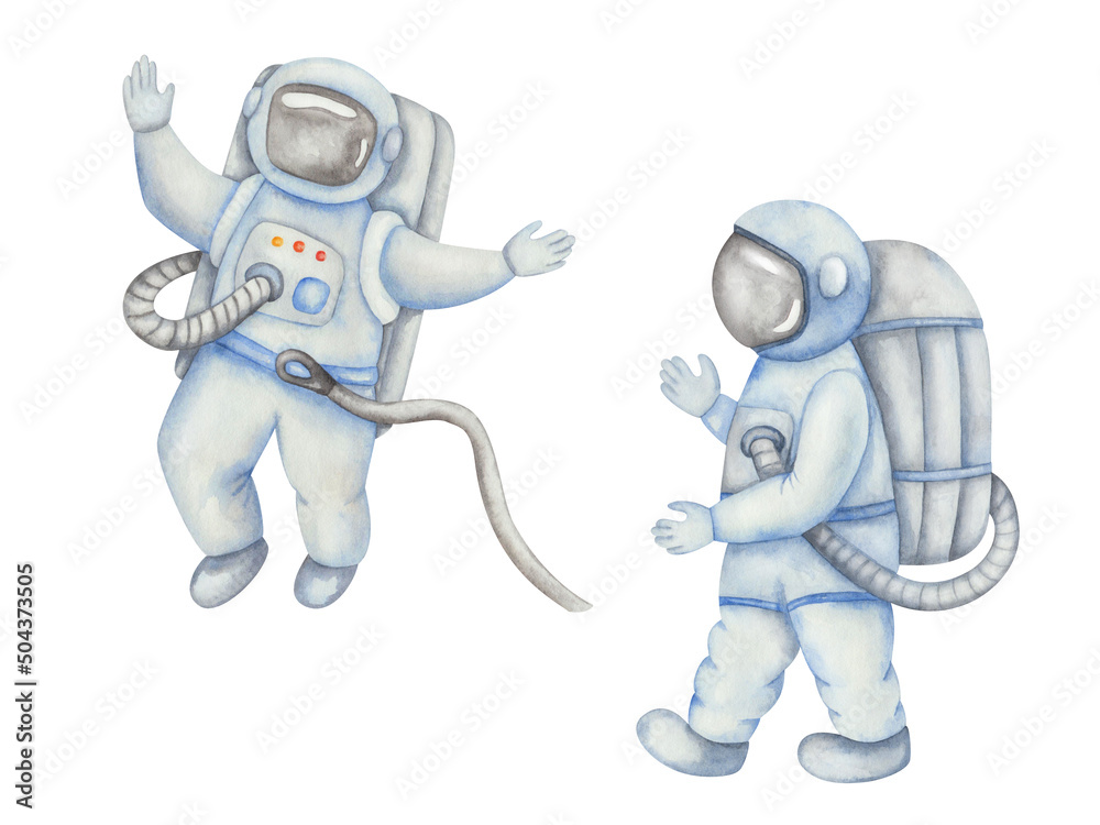 Watercolor illustration of hand painted spaceman in space costume in ...