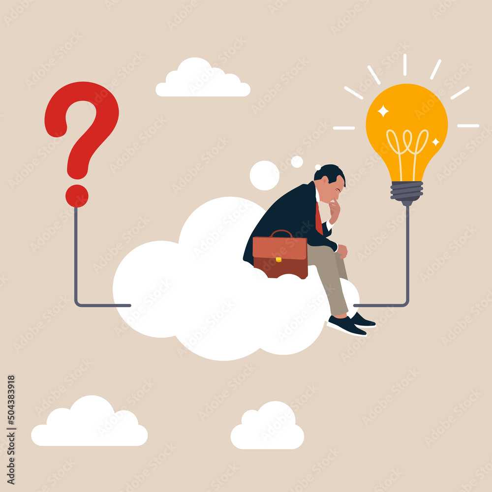 Businessman on thinking bubble connect question mark to lightbulb ...