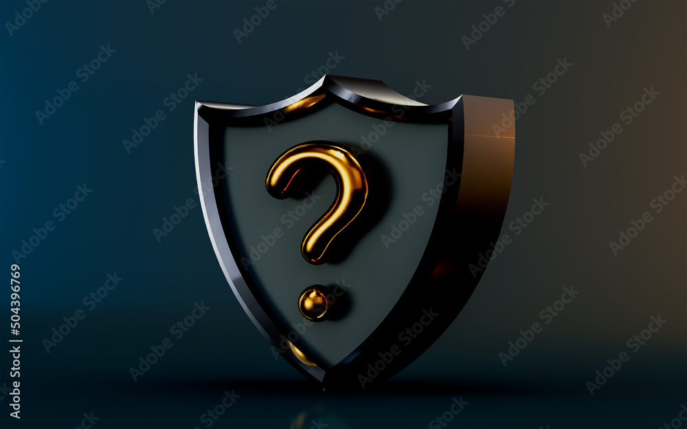 security shield question mark icon on dark background 3d render concept ...