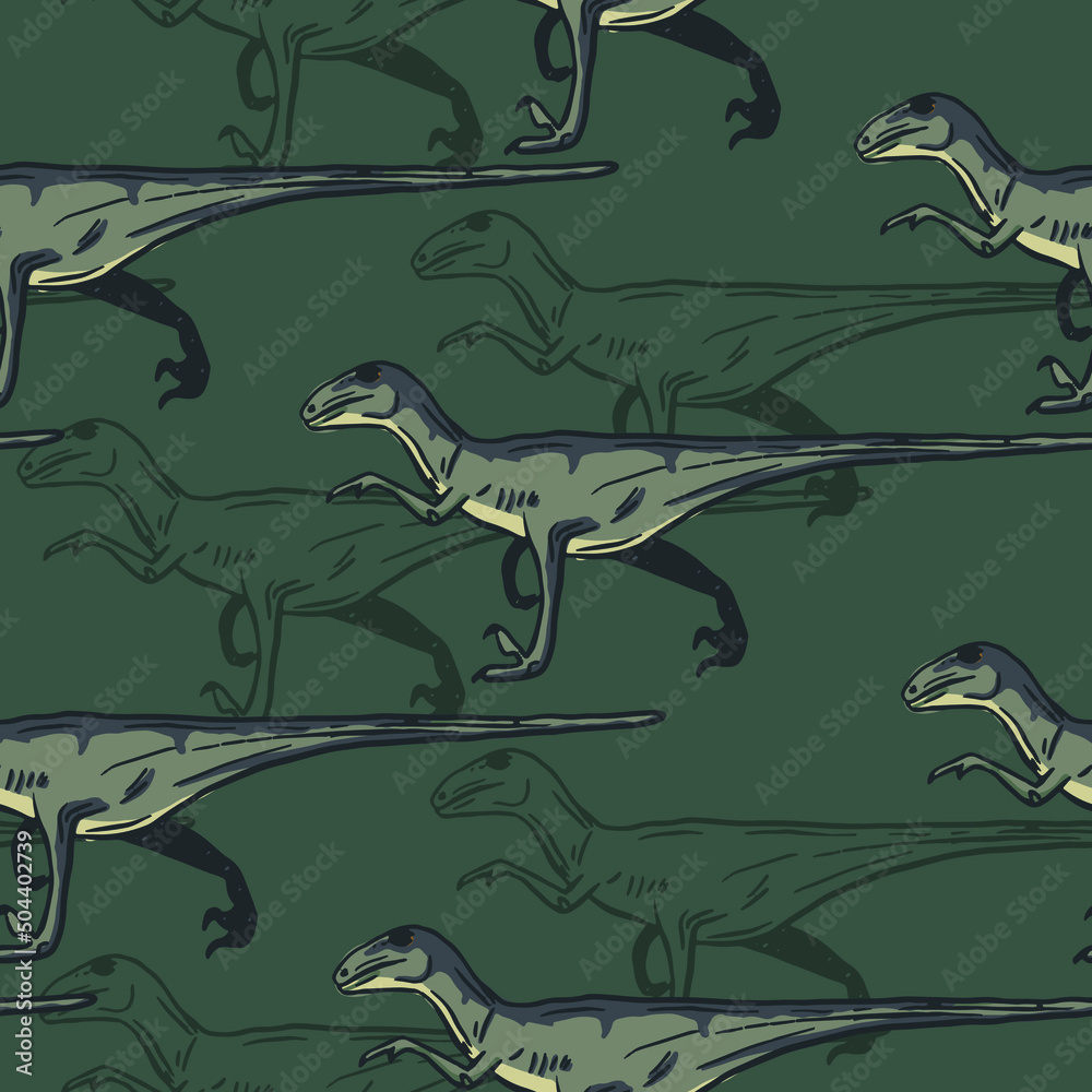 Seamless pattern with cartoon velociraptor. Background with dino for ...