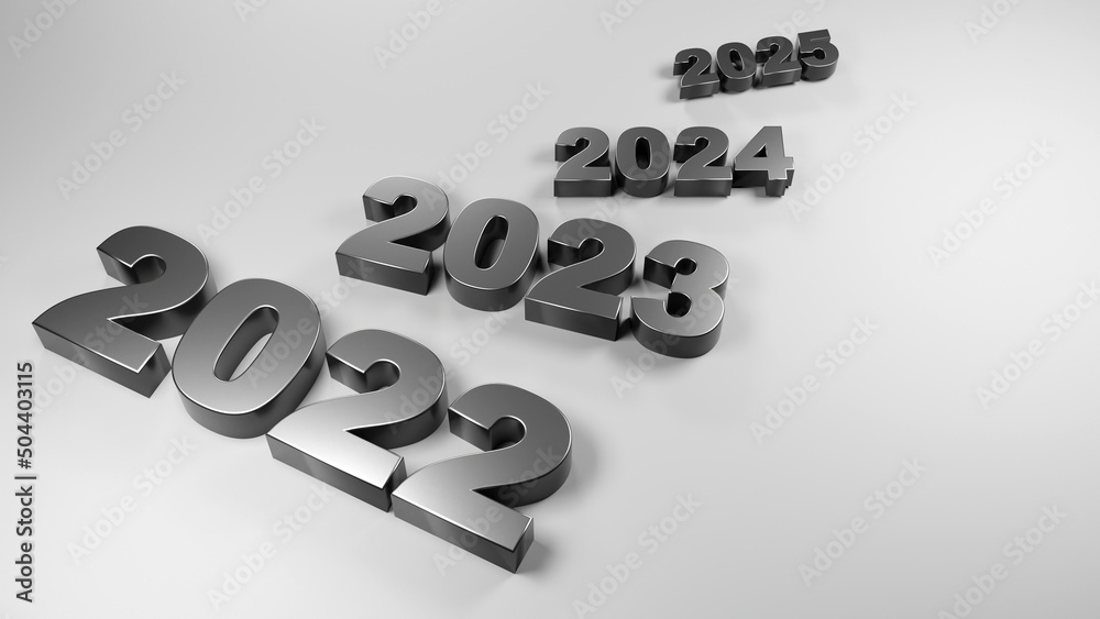 Black numerical dates of the year 2022, 2023, 2024, 2025, on a white ...