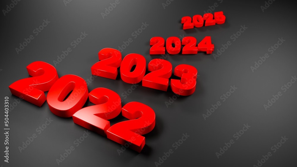 Red numerical dates of the year 2022, 2023, 2024, 2025, on a black ...