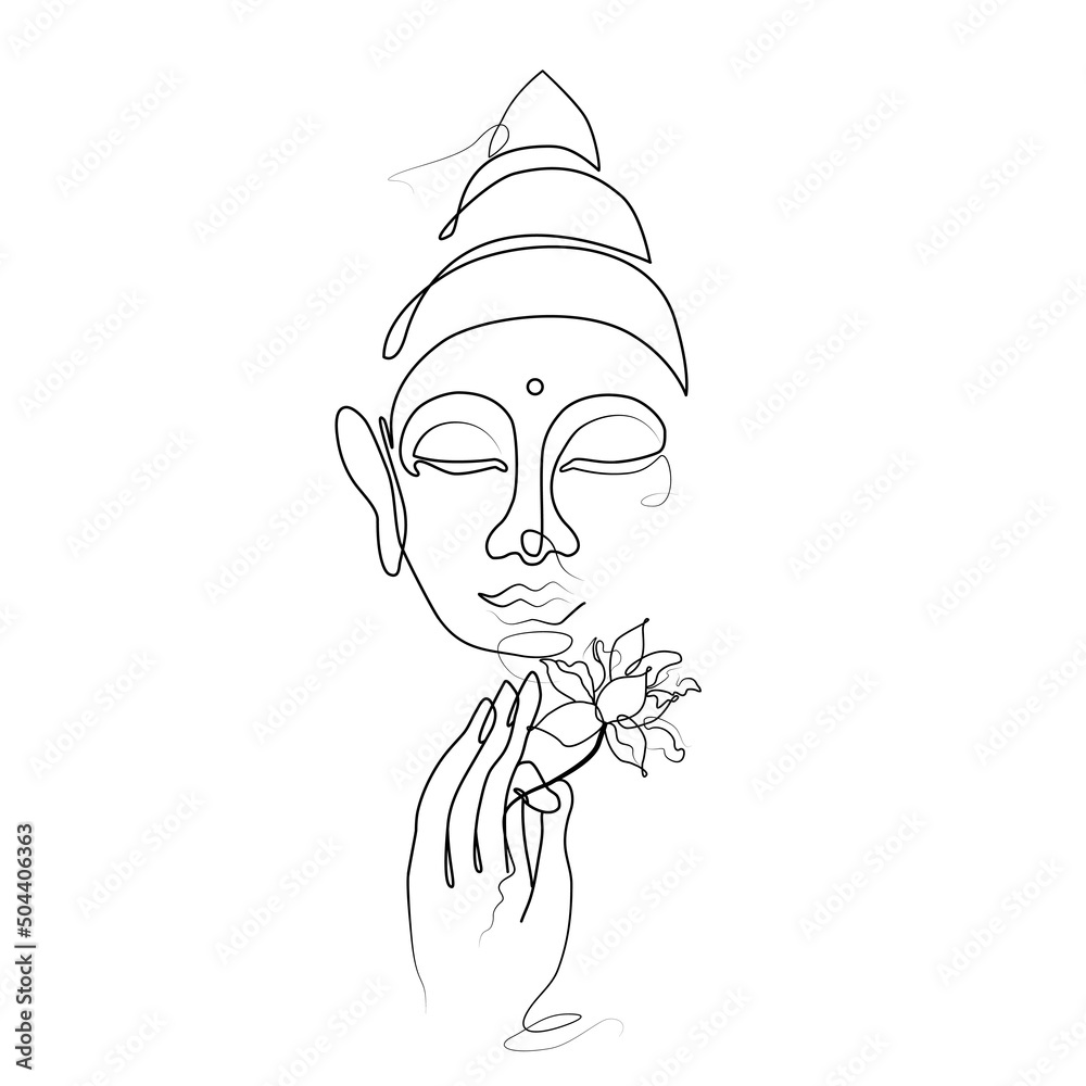 One line art silhouette of head buddha with hand and lotus isolated on ...