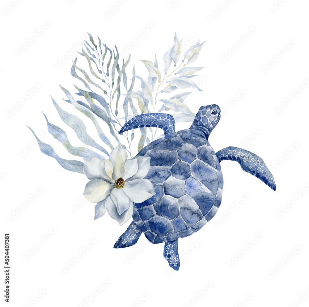 Sea turtle with flower and seaweeds. Stock Illustration | Adobe Stock