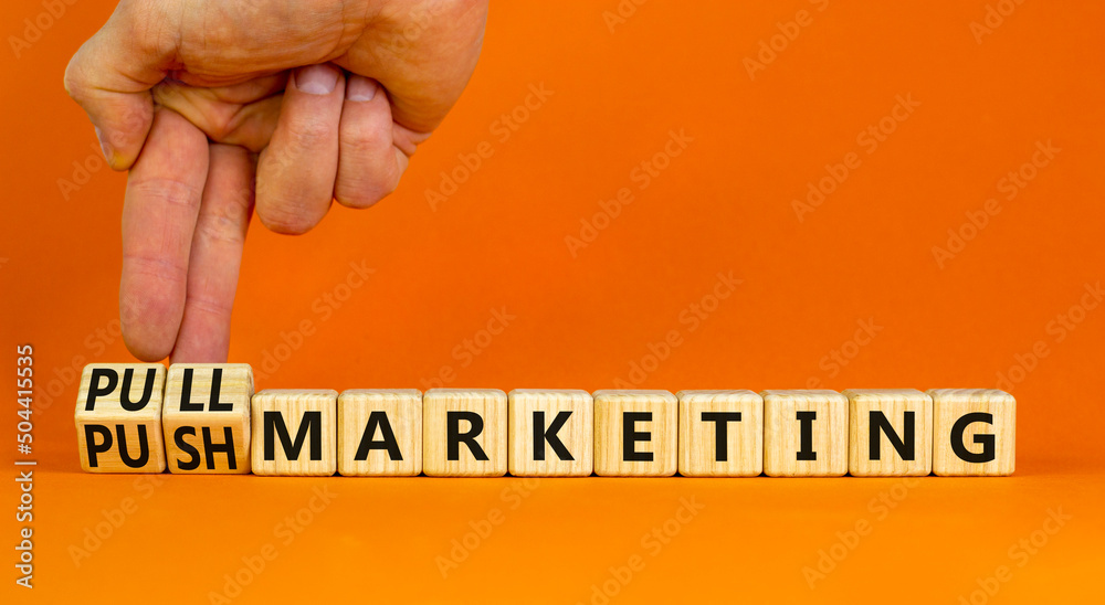Pull or push marketing symbol. Businessman turns cubes and changes ...