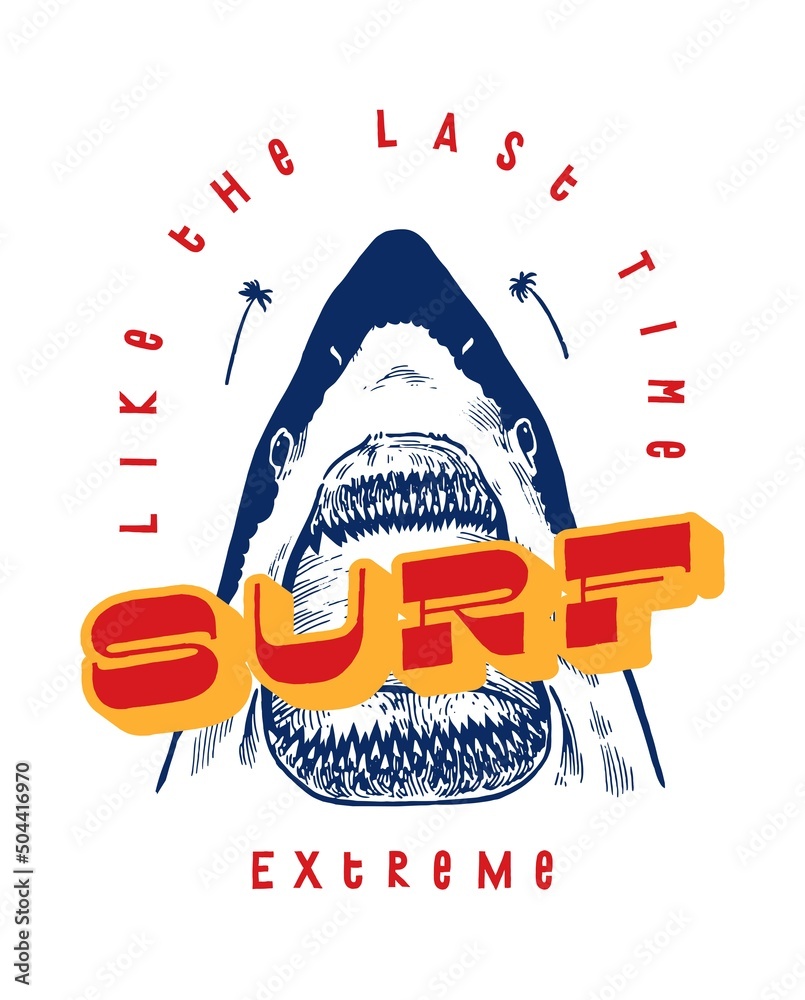 Shark bite surfing silkscreen t-shirt print vector illustration with ...