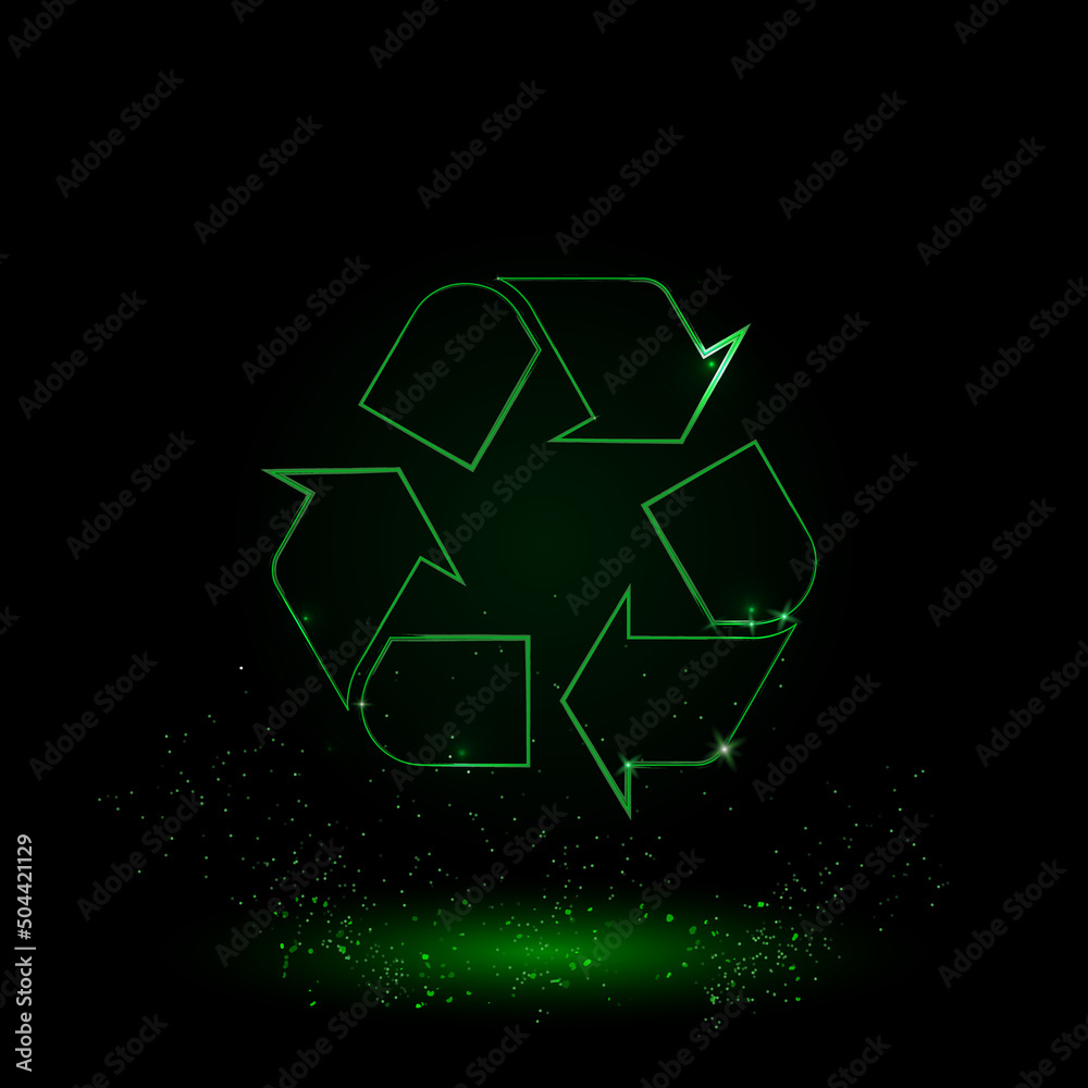 A large green outline recycling symbol on the center. Green Neon style ...