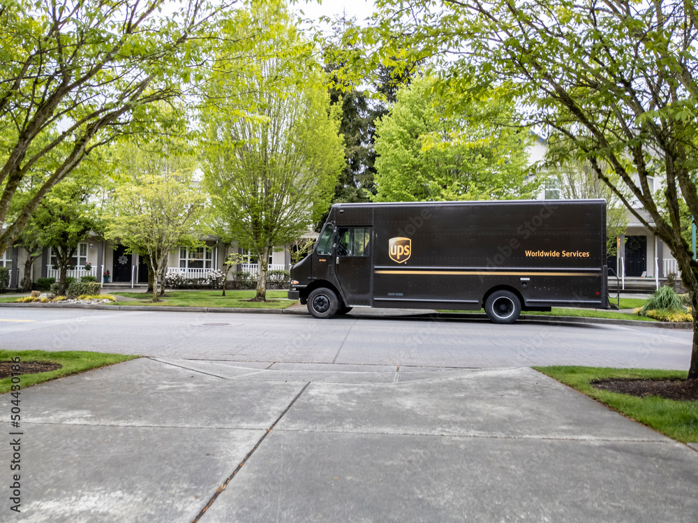 Mill Creek, WA USA - circa May 2022: Front view of a UPS brown delivery ...