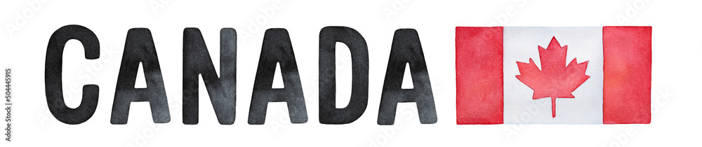 Watercolour illustration of "Canada" word letering, decorated with ...