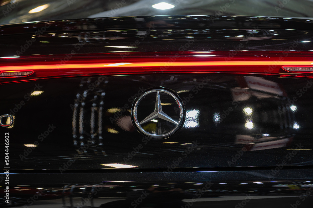 LED rear lights and design close-up of luxury, fully electric Mercedess ...