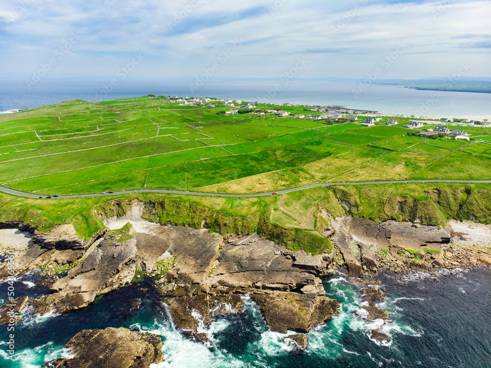 Spectacular aerial view of Mullaghmore Head with huge waves rolling ...