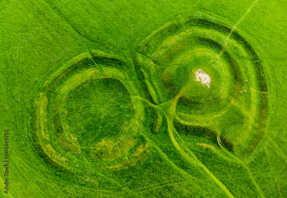 Aerial view of the Hill of Tara, an archaeological complex, containing ...