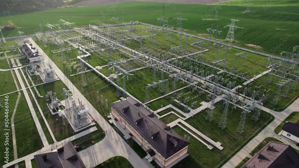 High voltage electrical substation. View from flying drone. Power plant ...