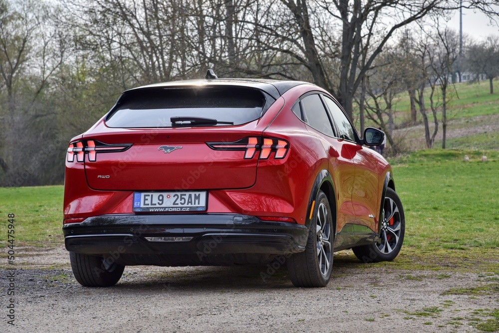 Ford Mustang Mach-E AWD. Electric car. General rear view. 04-14-2022 ...