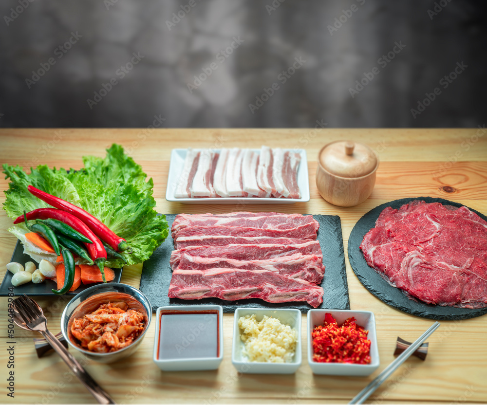 Rare Sliced Wagyu beef, Cross Cut Short Ribs beef, Slide pork belly on ...