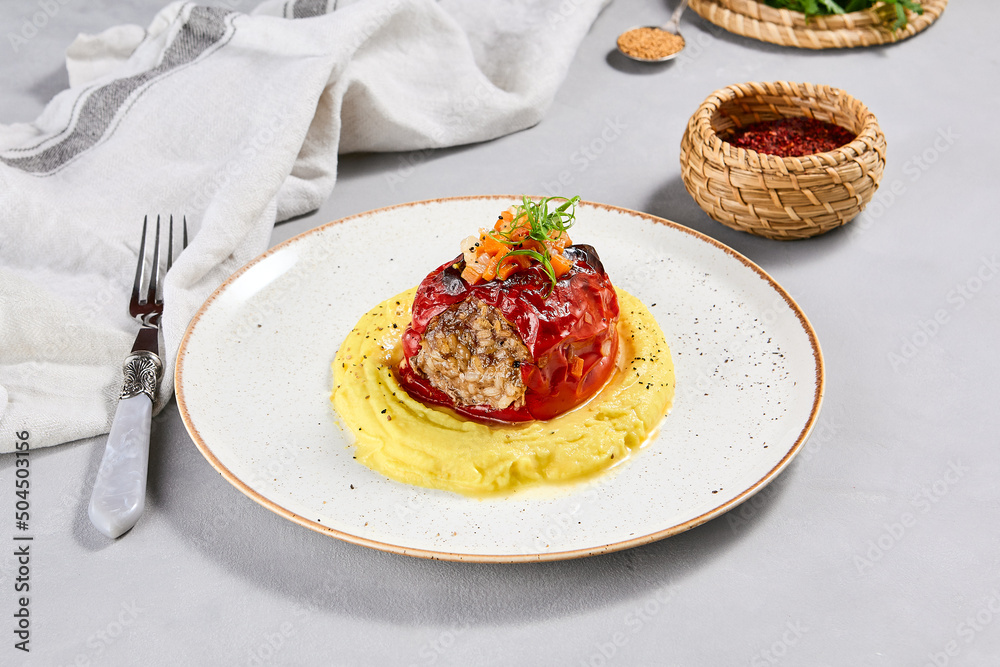 Eastern cuisine - stuffed paprika with mashed potatoes. Stuffed pepper ...