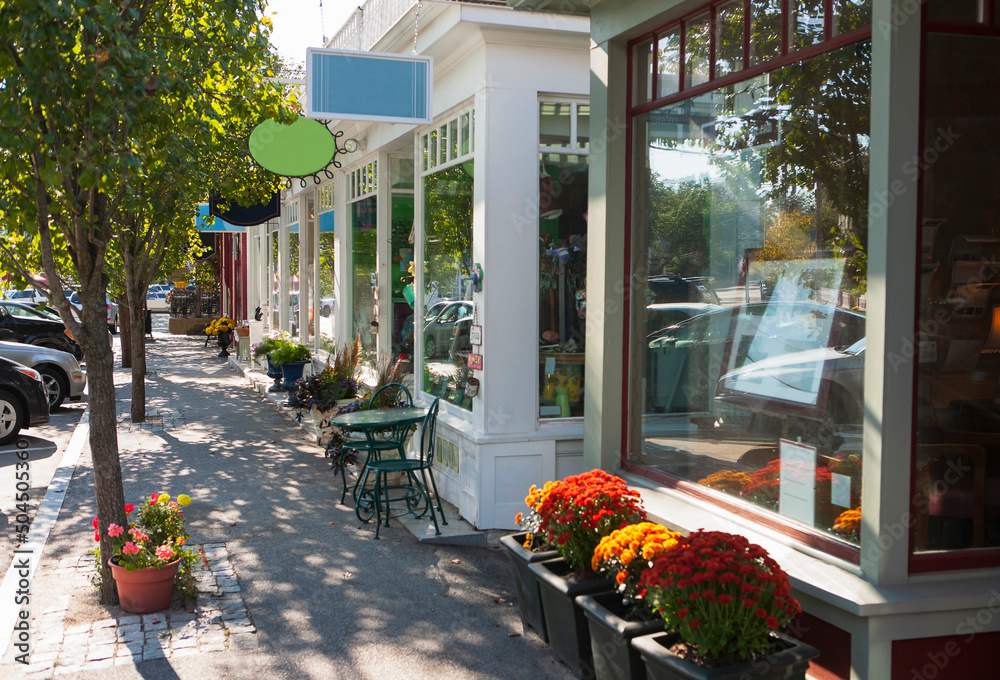Small Business Town USA Downtown Main Street with shops and signs Stock ...