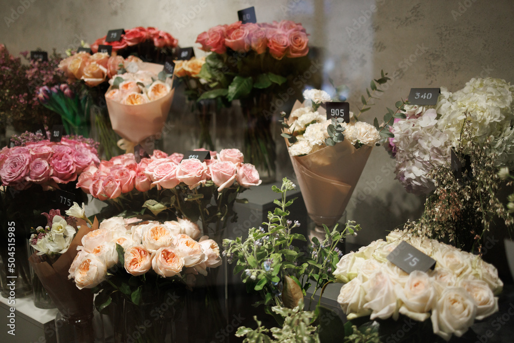 Variety bouquets of flowers in store Stock Photo | Adobe Stock