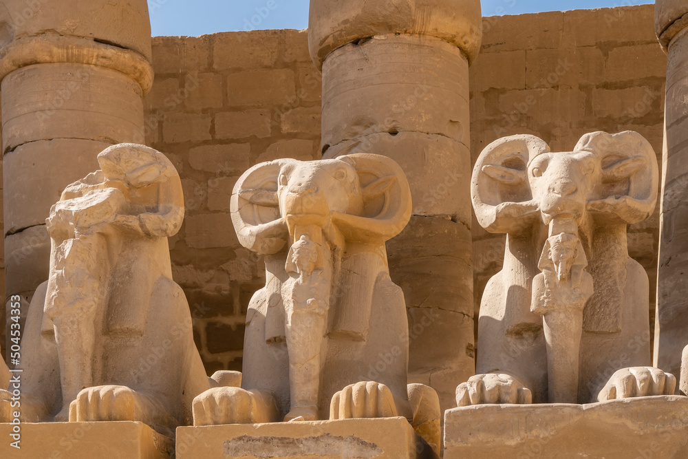 Sculptures of sphinxes-rams. Close-up. Full-face view. Statues of ...