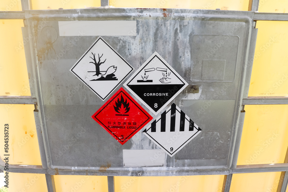 Warning symbol for chemical hazard on chemical container Stock Photo ...