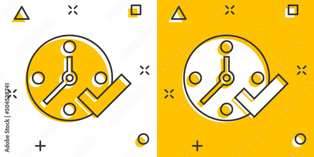 Clock check mark icon in comic style. Timer approval cartoon vector ...