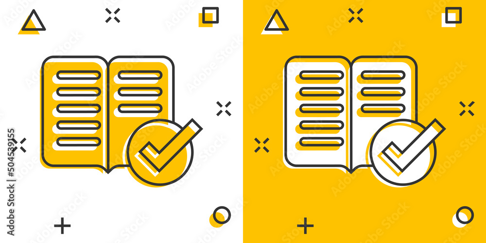 Book check mark icon in comic style. Bookmark approval cartoon vector ...