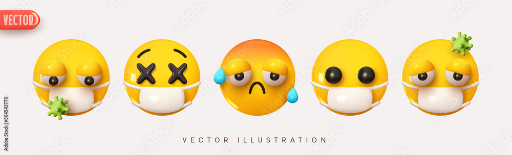 Set Icon Smile Emoji. Realistic yellow glossy 3d emotions face medical ...