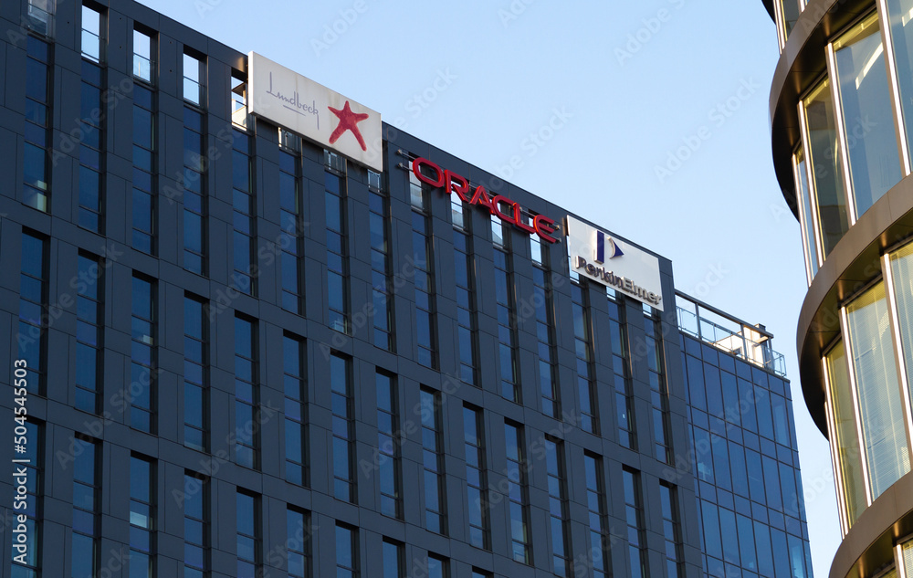 Lundbeck, Oracle and PerkinElmer logo signs on Quattro B Tower building ...