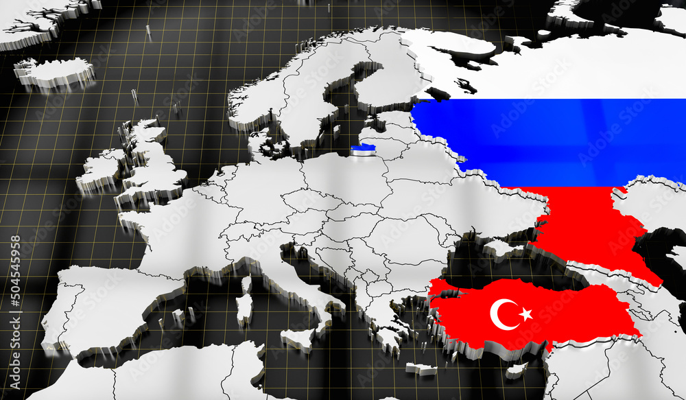 Map of Europe, flags of Turkey and Russia - 3D illustration Stock ...