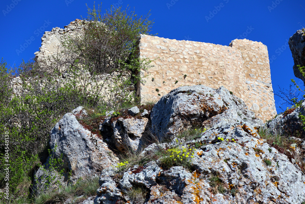 Rocca Calascio, view of ruins of mountaintop medieval fortress at 1512 ...
