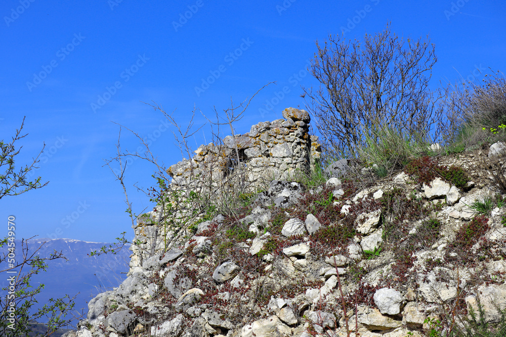 Rocca Calascio, view of ruins of mountaintop medieval fortress at 1512 ...