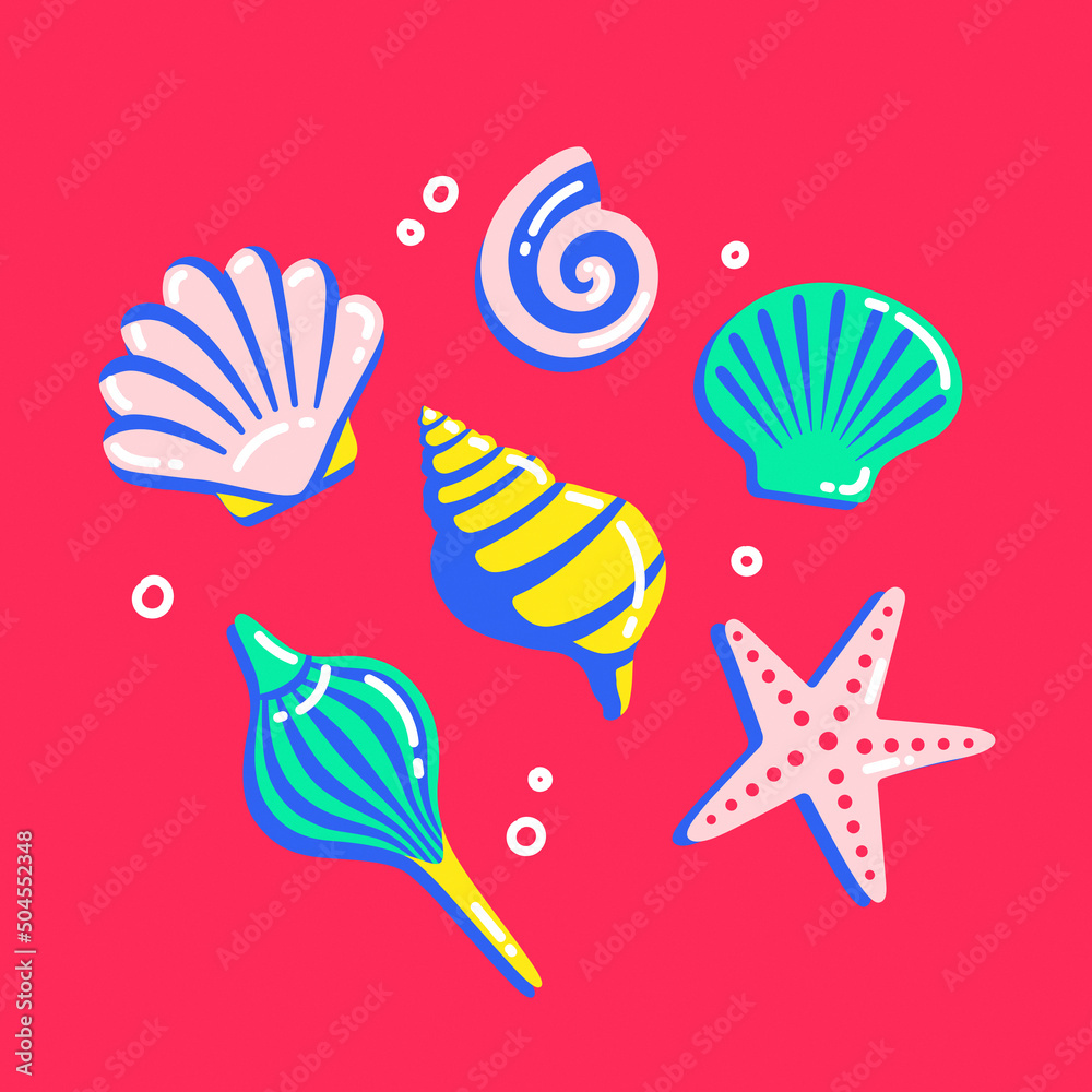 Sea shells stickers vector set. Colored cockleshell sea Stock Photo ...
